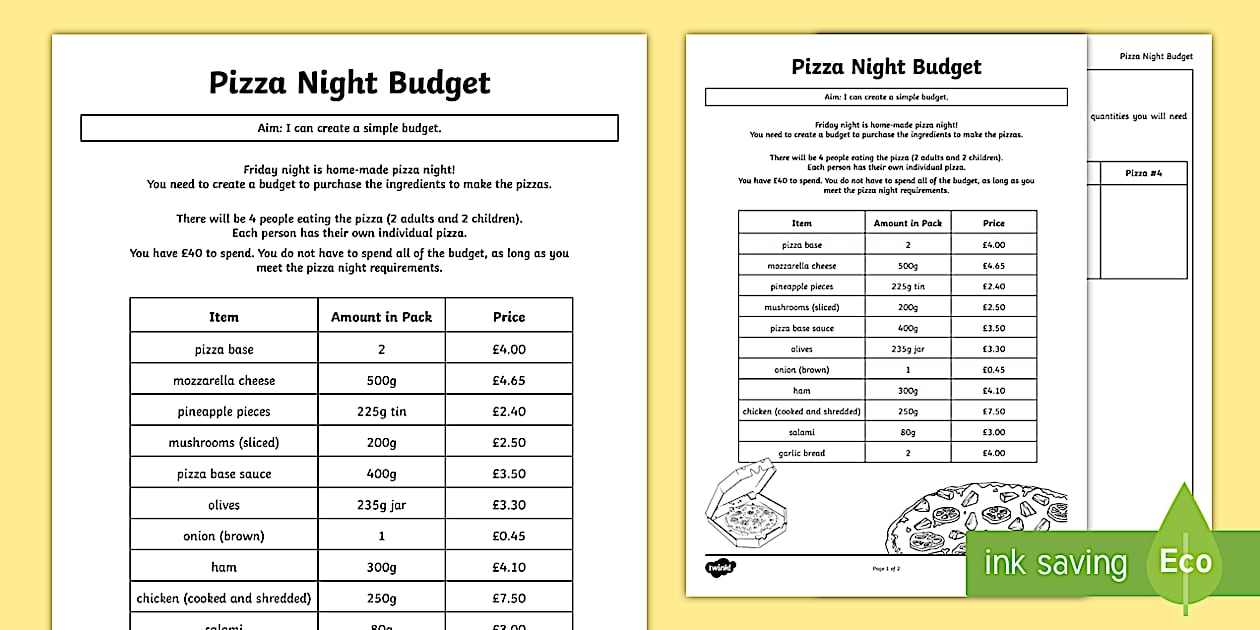 Cursive Pizza Night Budget Worksheet (teacher made) - Twinkl
