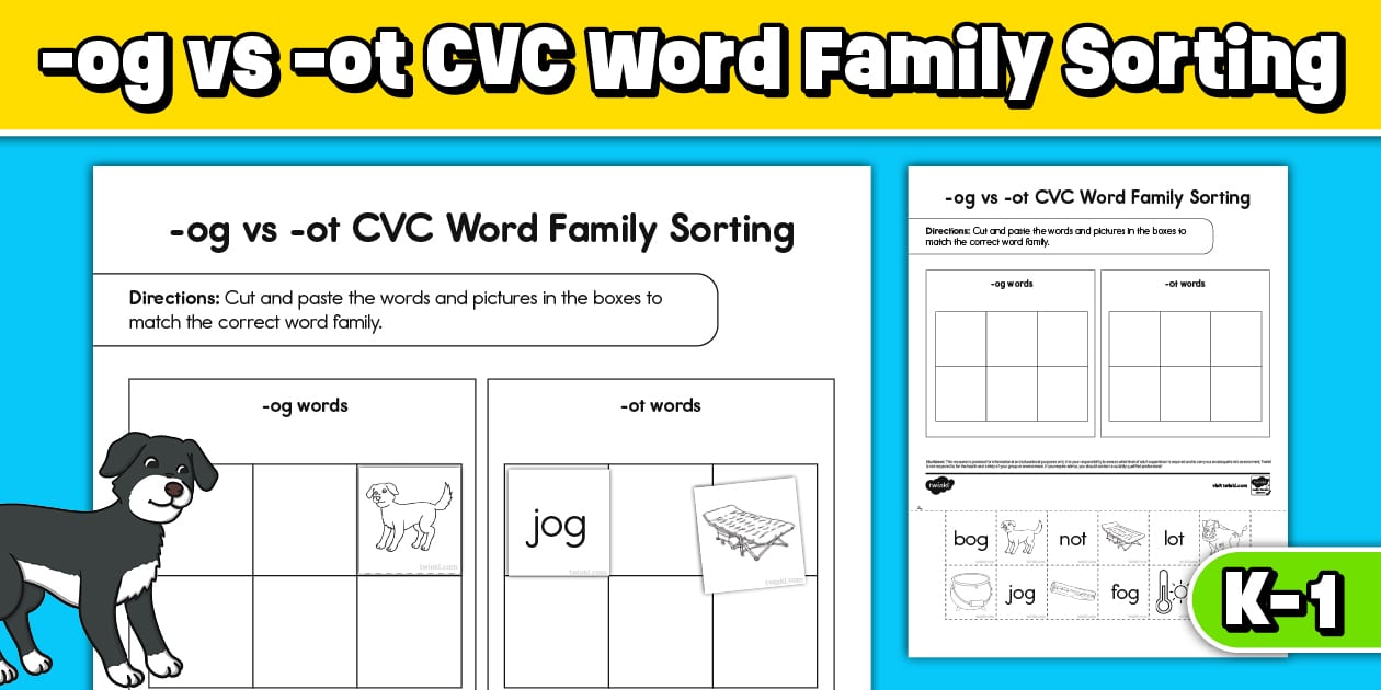 -og vs -ot CVC Word Family Sorting Worksheet for K-1st Grade