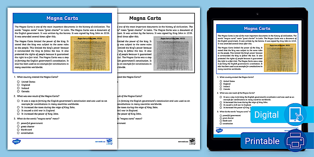 Fourth Grade Magna Carta Reading Passage Comprehension