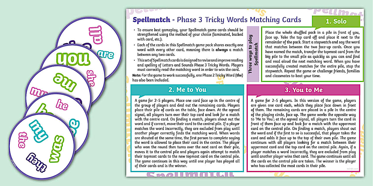 Spellmatch Phase 3 Tricky Words Matching Card Game - Twinkl