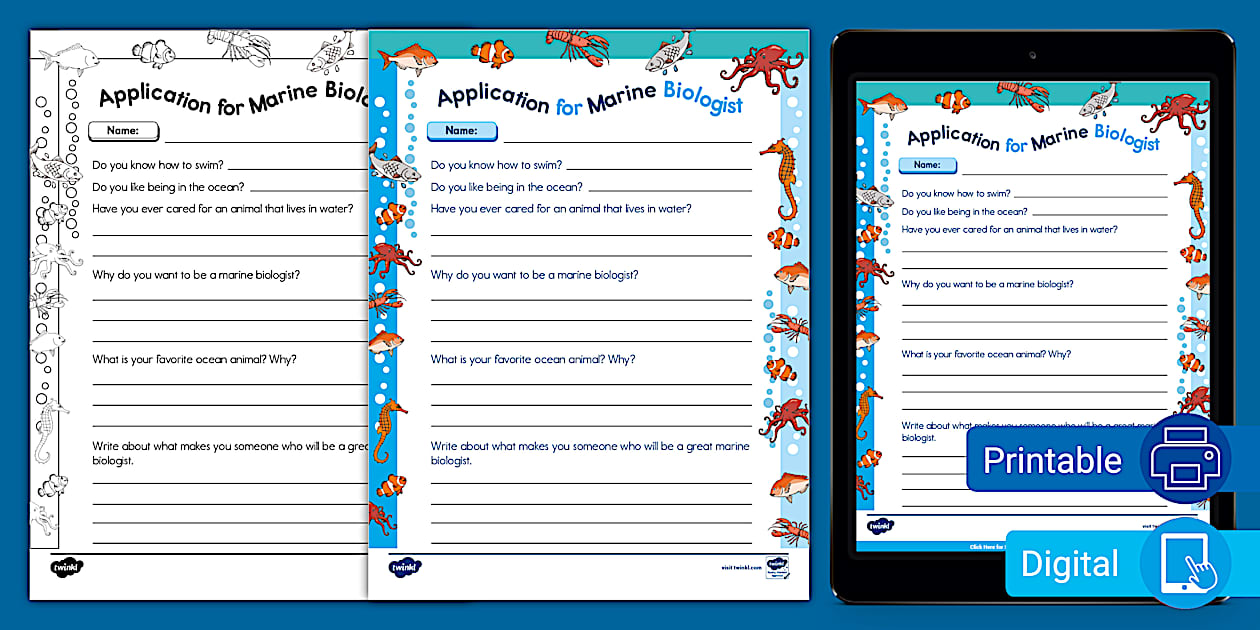 Marine Biologist Application Worksheet for K-2nd Grade