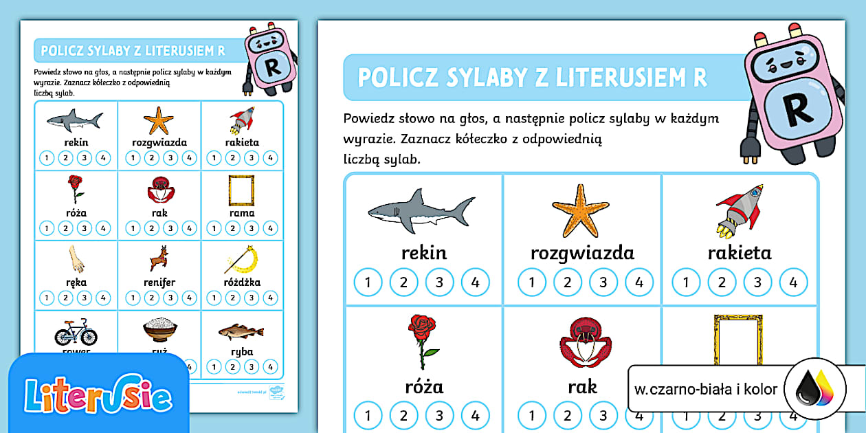 Literuś R | Policz sylaby w wyrazach na R | Karta pracy