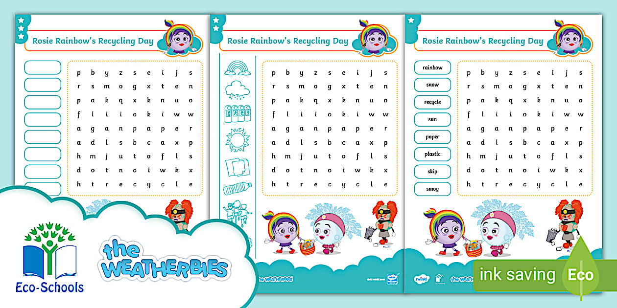 FREE! - The Weatherbies Rosie Rainbow's Recycling Day Word Searches