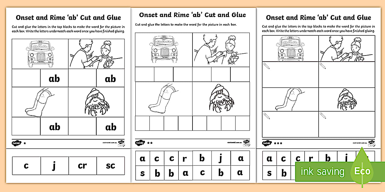 QLD 'ab' Onset and Rime Differentiated Worksheets - Twinkl