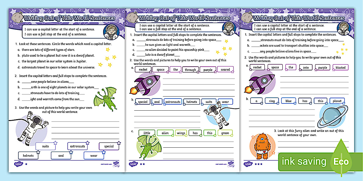 Writing Out of this World Sentences Worksheet Pack - Twinkl