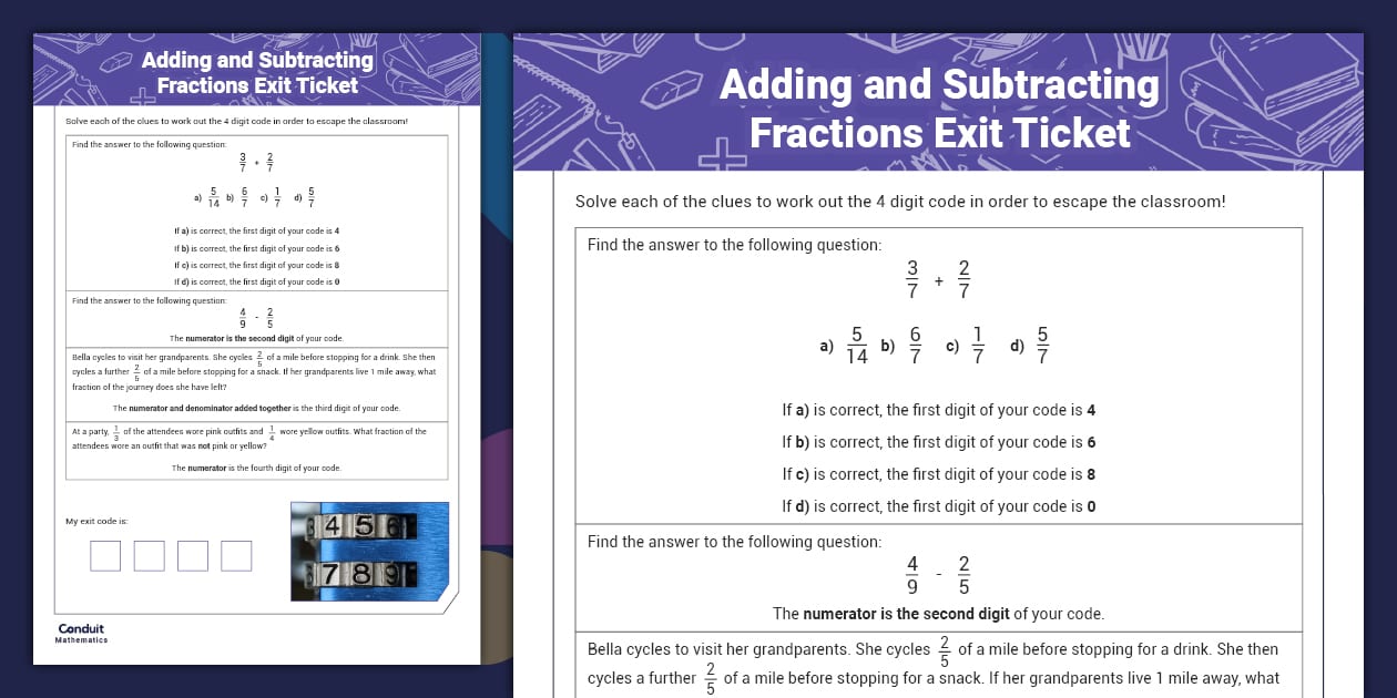 Adding and Subtracting Fractions Exit Ticket (Teacher-Made)