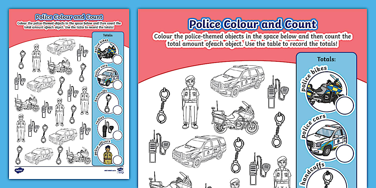 Police Colour and Count Worksheet (teacher made) - Twinkl