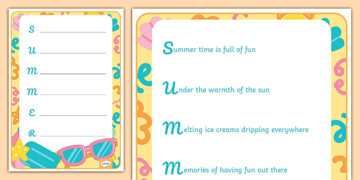 Summer Vibes Themed Summer Acrostic Poem Template - Twinkl