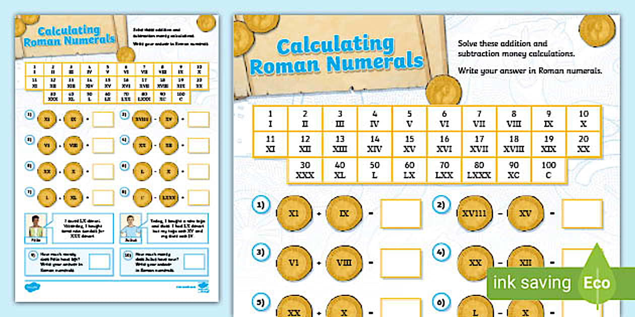Calculating with Roman Numerals Activity Sheet - Twinkl