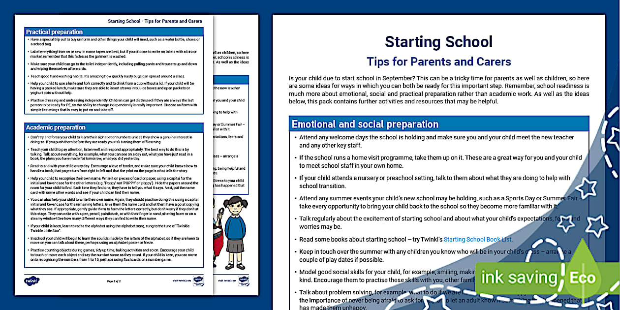 Starting School Hints and Tips Parent and Carer Information Sheet