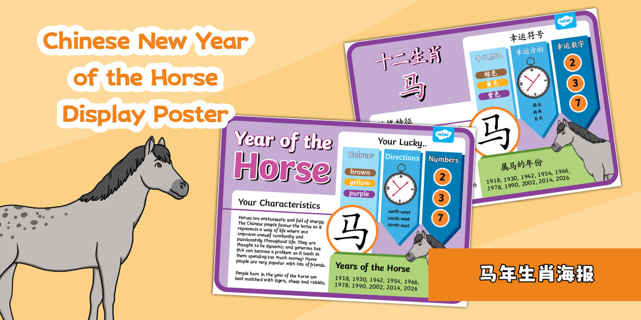 Chinese New Year of the Horse Display Poster 春节马年生肖海报 中英双语
