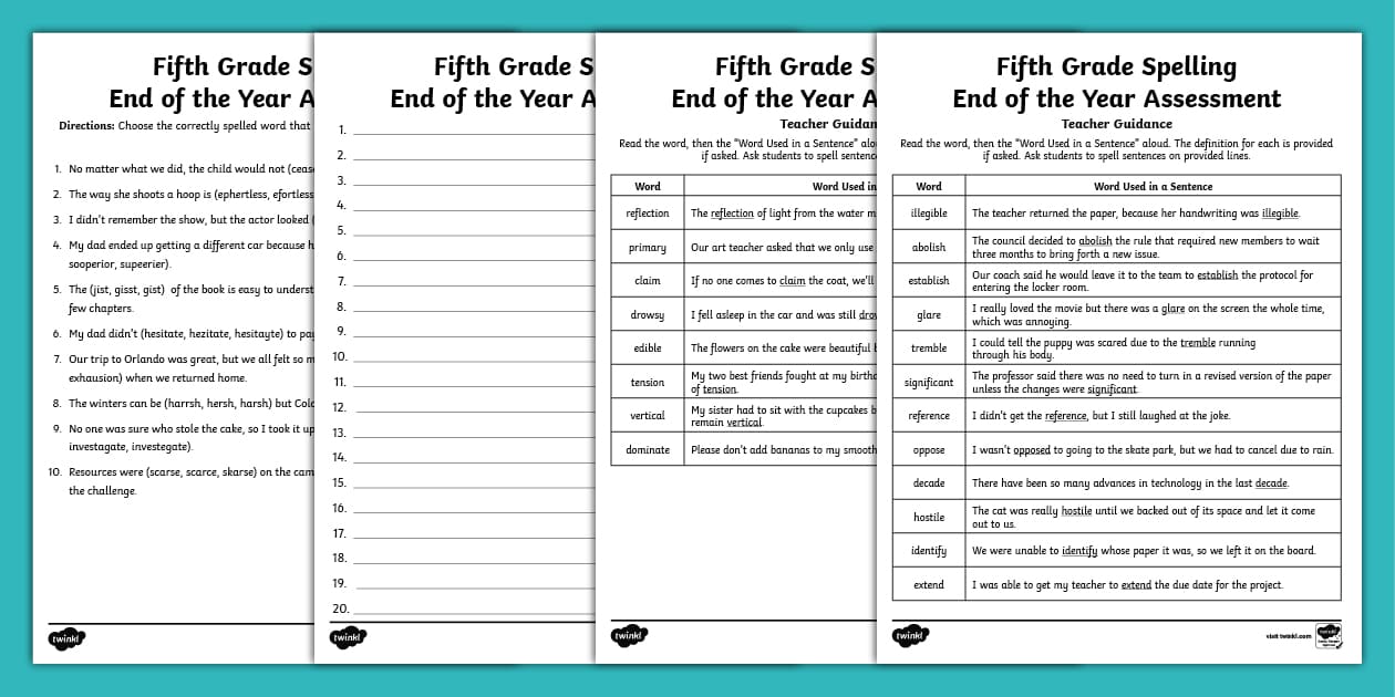 Fifth Grade End of the Year ELA Spelling Assessment - Twinkl