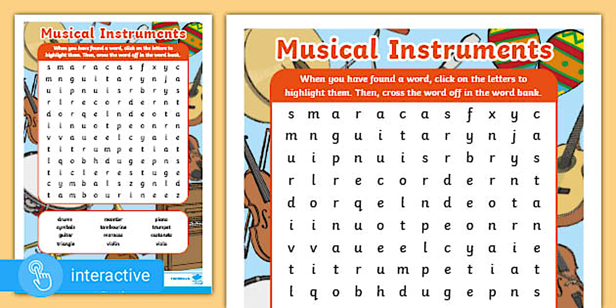 👉 Names of Musical Instruments Word Search | Interactive PDF