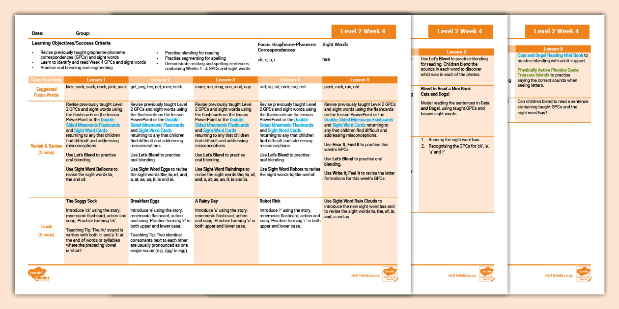 Twinkl Phonics Skills Plan: Level 2 Week 4: 'ck, e, u, r'