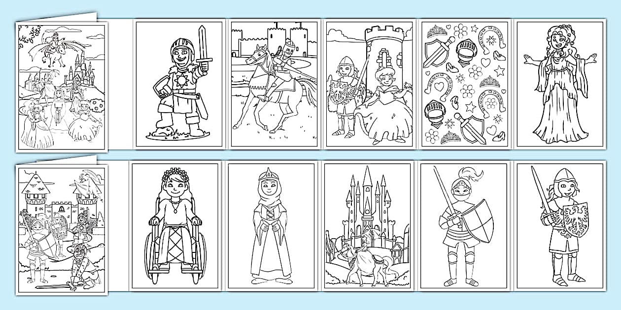 Princesses and Knights Colouring Cards