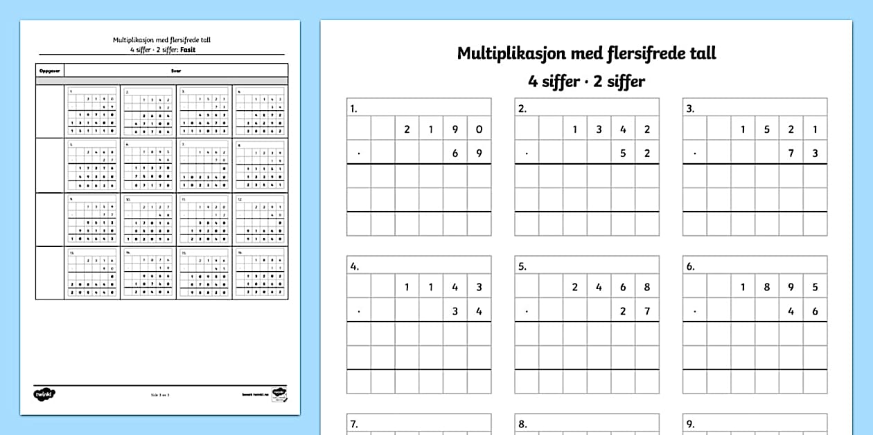 Multiplikasjon med flersifrede tall | 4 siffer · 2 siffer