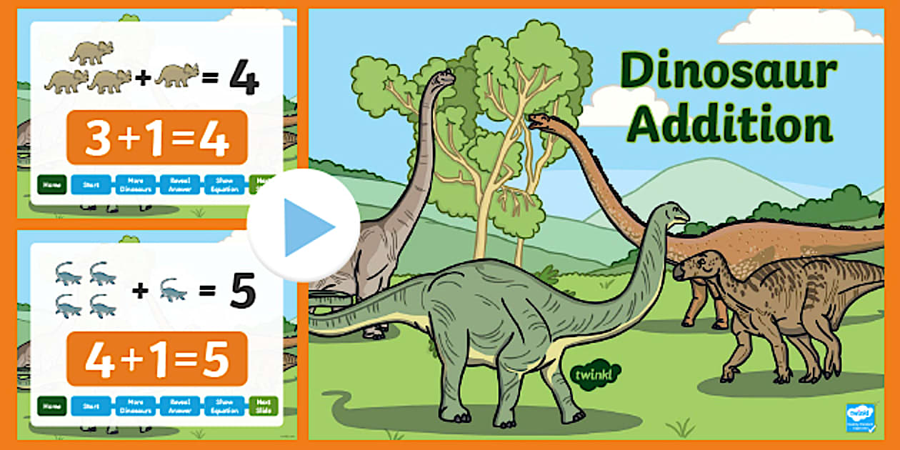 Dinosaur Addition to 5 PowerPoint for Kids | Twinkl USA
