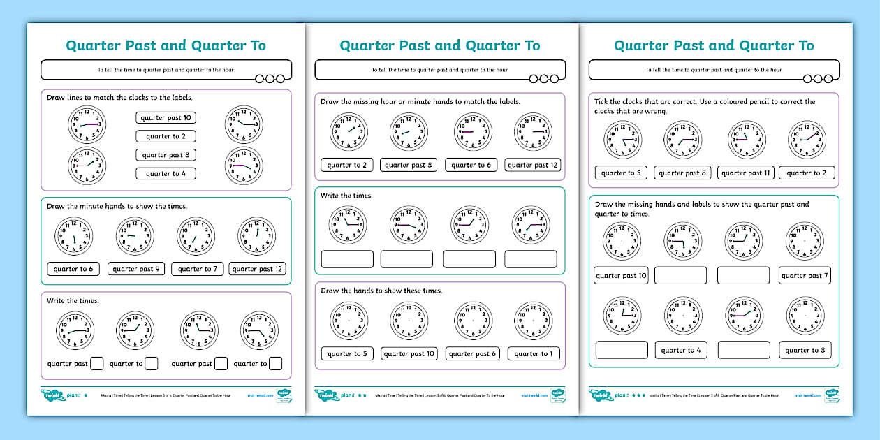 👉 Differentiated Time Quarter Past and Quarter To Maths Activity Sheets