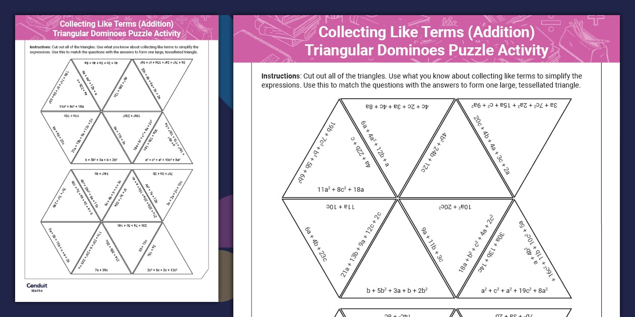 Collecting Like Terms (Addition) Puzzle Activity - Twinkl