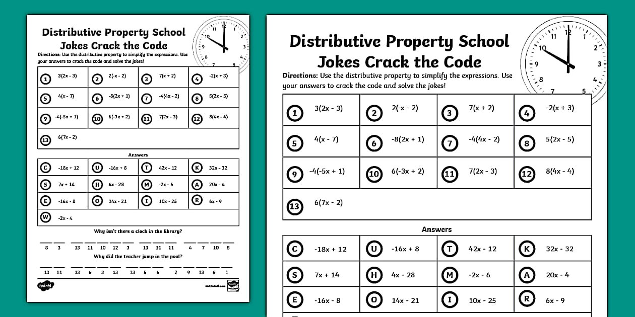 Sixth Grade Distributive Property School Jokes Crack the Code Worksheet