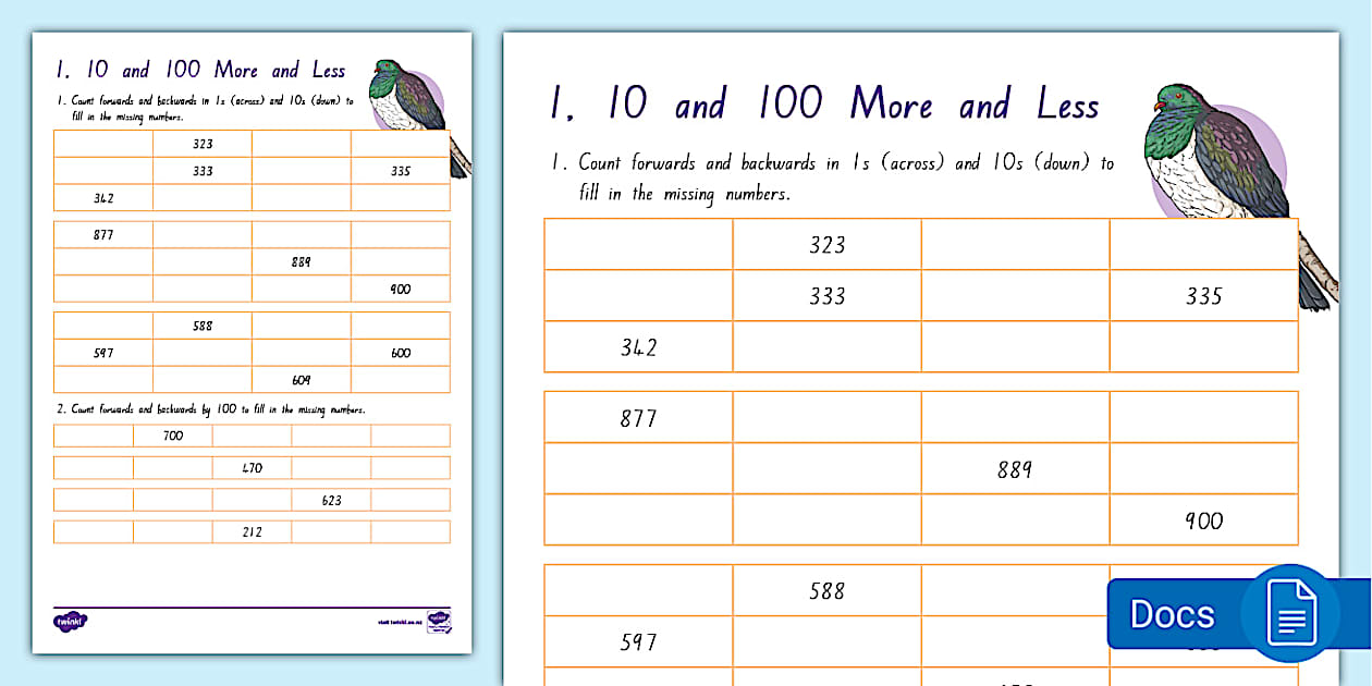 Stage 5 (Phase 1/2) Number Knowledge 1, 10 and 100 More and Less to 1000