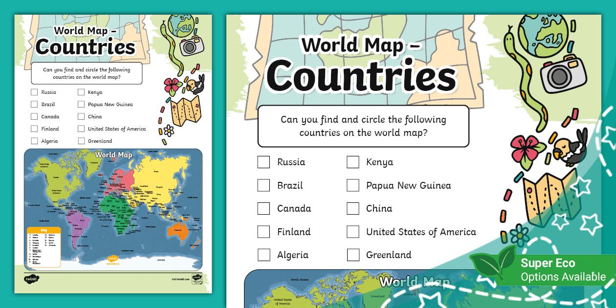 KS1 World Countries Map (Ages 5 - 7) Download and Print