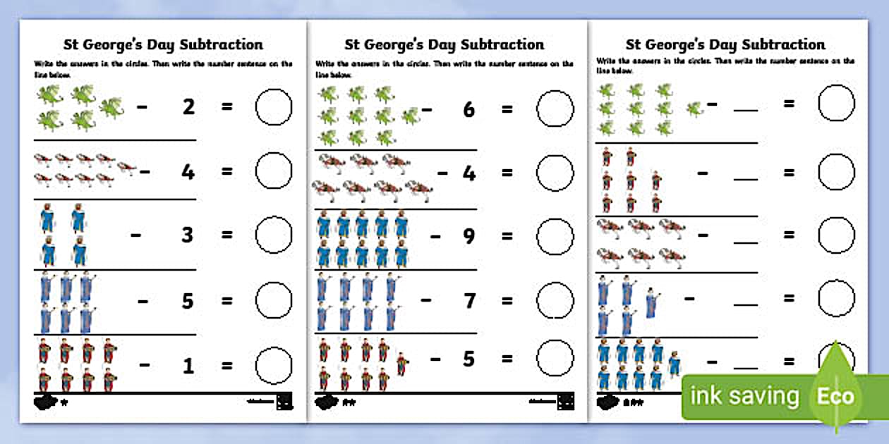 Black and White St George's Day Subtraction within 10 Worksheet