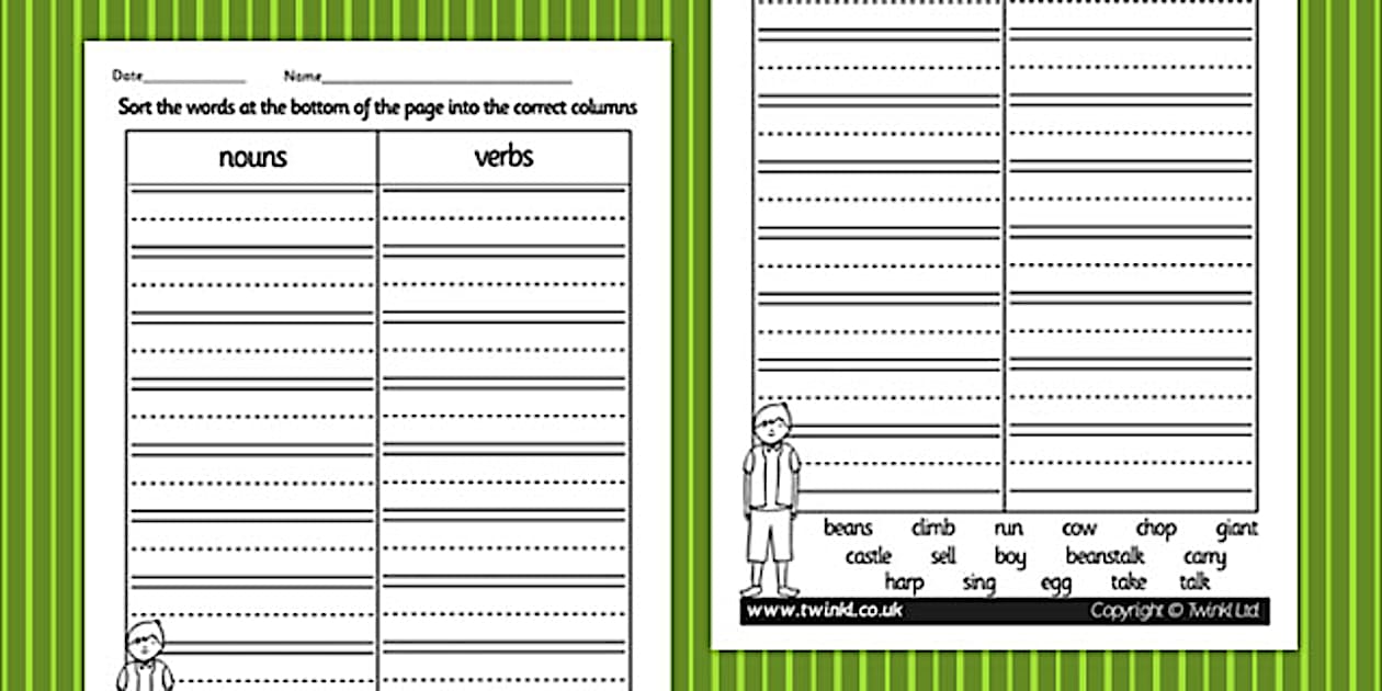 Editable Jack and the Beanstalk Noun and Verb Sorting Activity