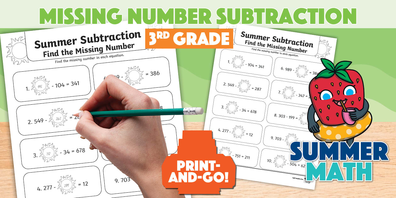 Third Grade Summer Find the Missing Number Subtraction