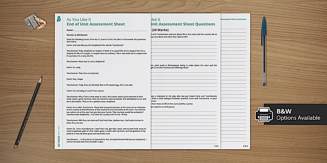 As You Like It End of Unit Assessment (teacher made)