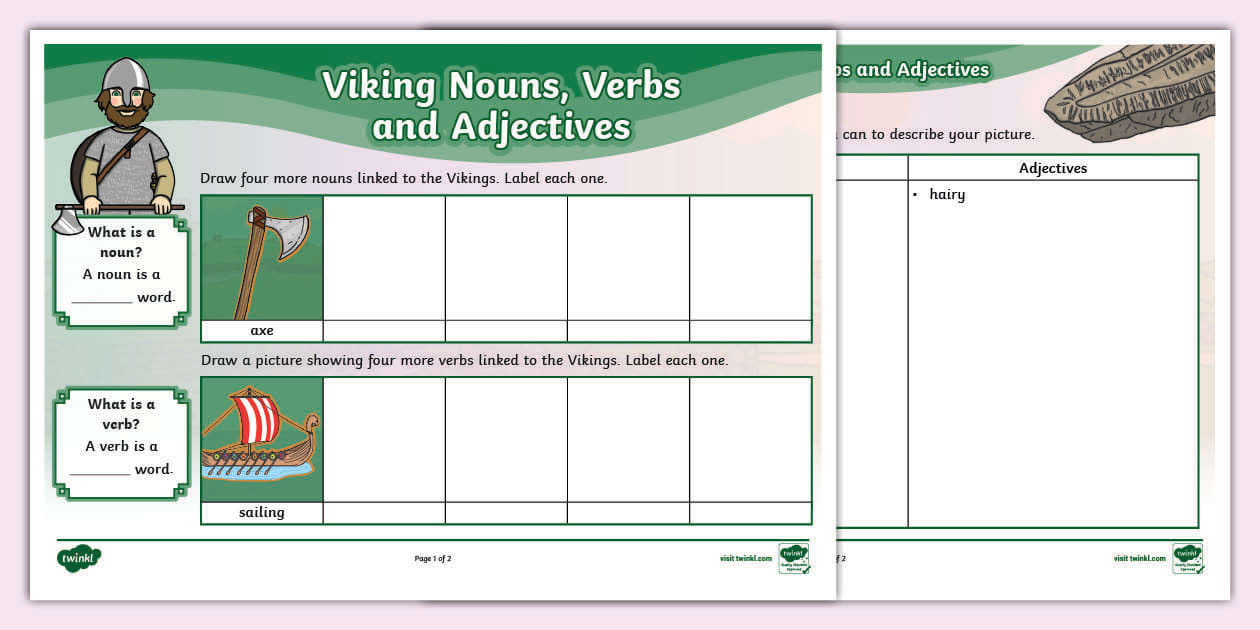 Viking Nouns, Verbs and Adjectives Activity Sheet - Twinkl