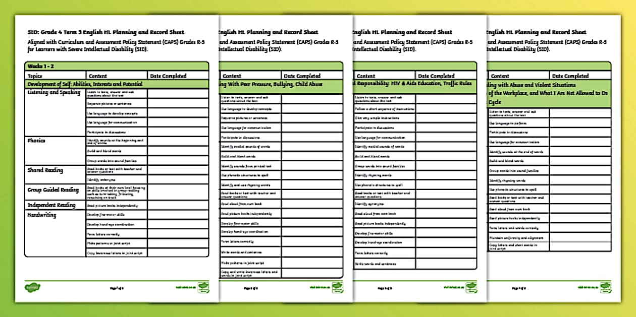 Grade 4 English HL - Term 3 - SID: Planning and Record Sheet (CAPS Aligned)