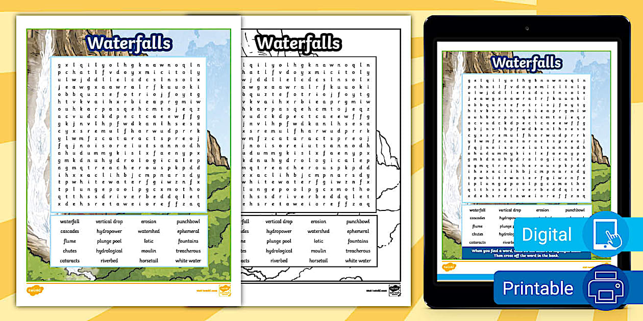 Waterfalls Word Search for 6th-8th Grade (teacher made)