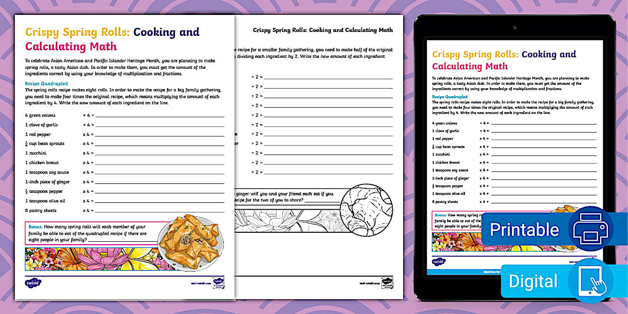 Crispy Spring Rolls: Cooking and Calculating Math Worksheet for 3rd-5th ...