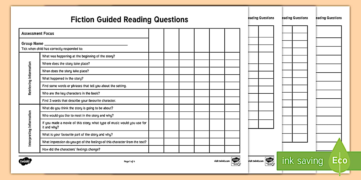 Editable Fiction Guided Reading Questions Checklist - Twinkl