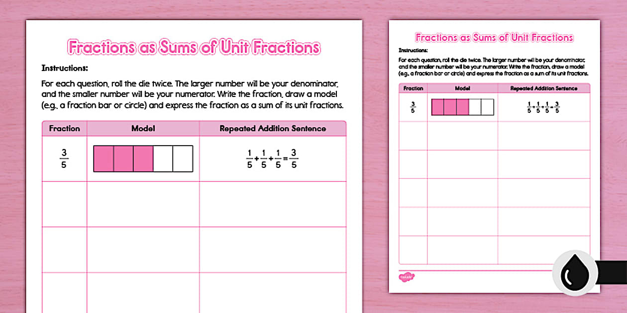 Roll, Draw, and Write Fractions as Sums of Unit Fractions Activity