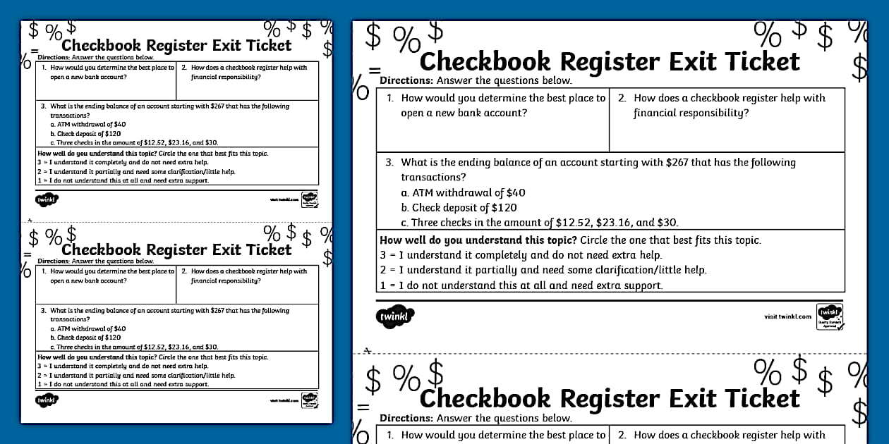 Seventh Grade Checkbook Register Exit Ticket (teacher made)