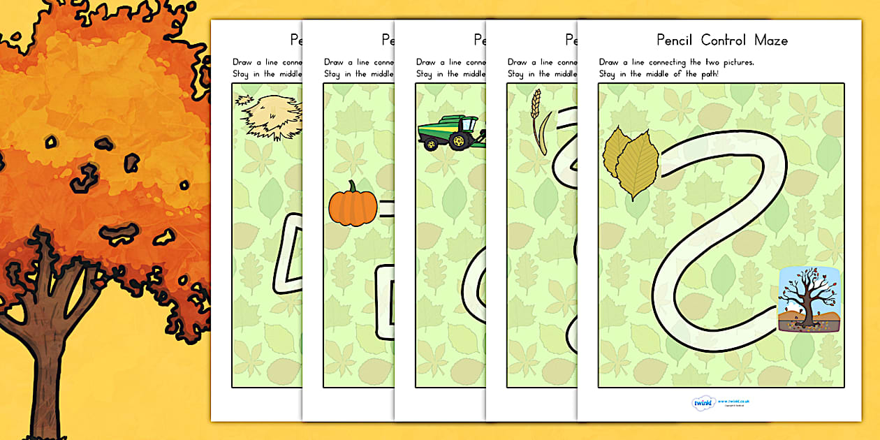 Autumn Themed Pencil Control Maze Worksheets - fine motor skills