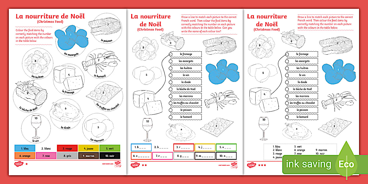 👉 French: Christmas Food Colouring and Matching Activity