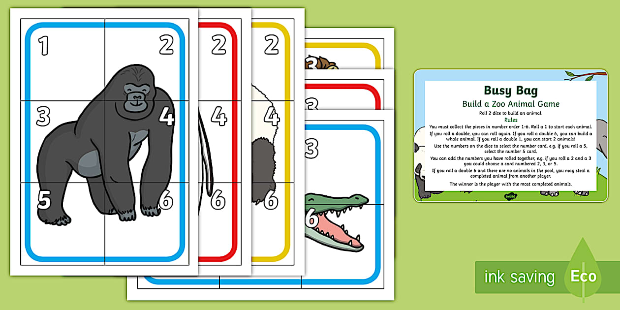 Build a Zoo Animal Game Addition Version Busy Bag Prompt Card and Resource