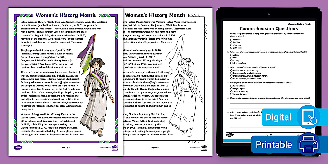 Third Grade Women's History Month Reading Comprehension Worksheet