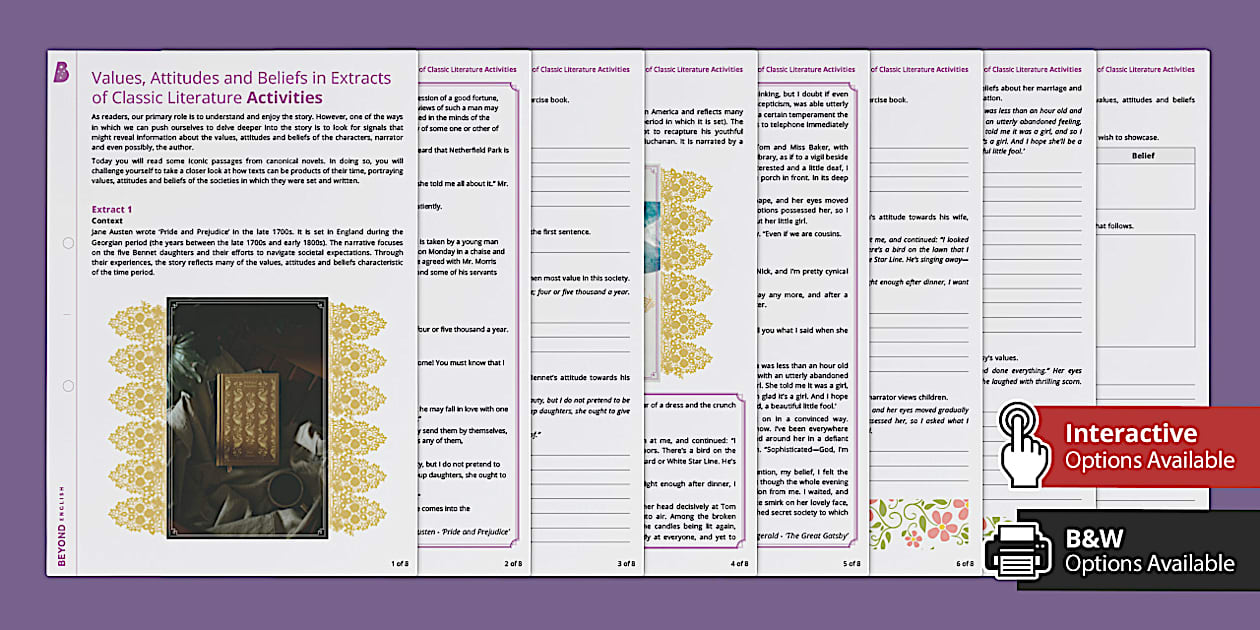 Values, Attitudes and Beliefs in Extracts of Classic Literature Activities