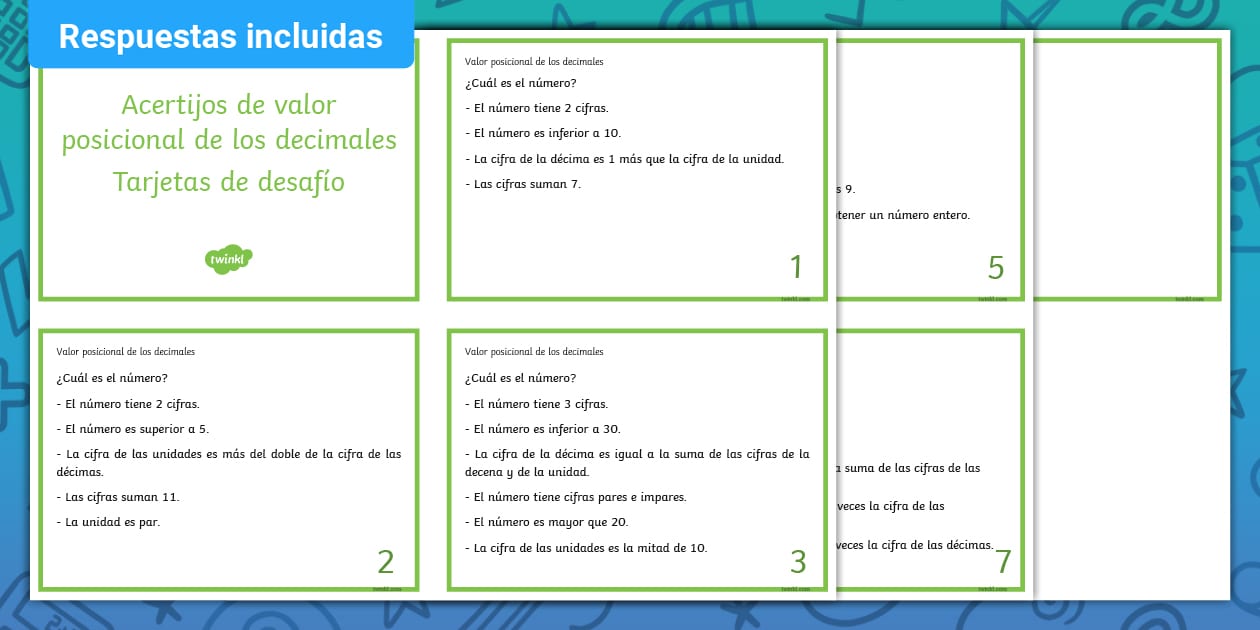 Tarjetas de desafío: Acertijos de valor posicional de los decimales