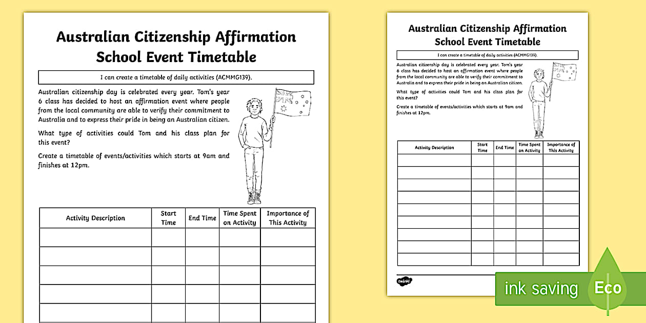 Australian Citizenship Affirmation Event Timetable Worksheet