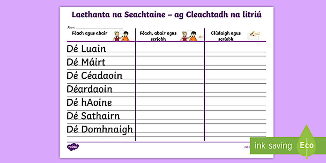 Days of the Week Spelling Practice Worksheet Gaeilge