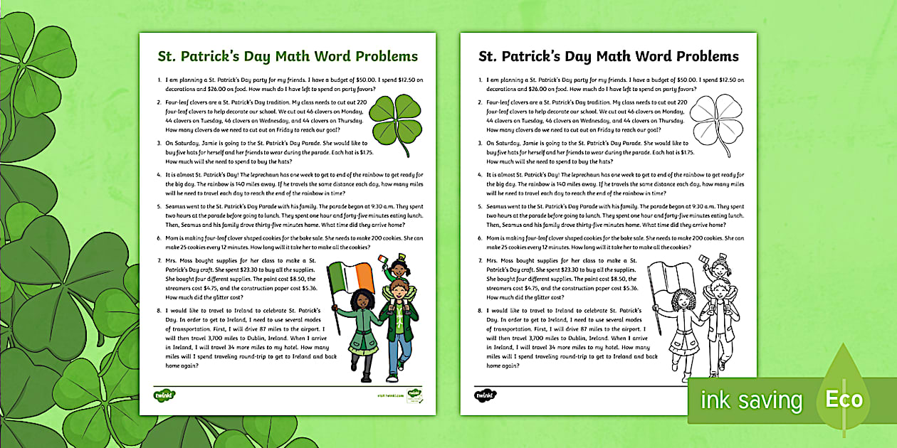 St. Patrick's Day Math: Mixed-Skill Word Problems for 3rd-5th Grade