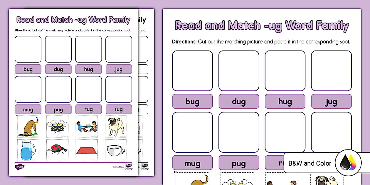 Read and Match -ug Word Family Activity Worksheet - Twinkl