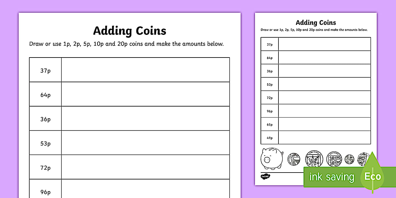 Editable Adding Coins: 1p, 2p, 5p, 10p and 20p Worksheet