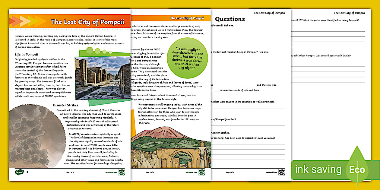 UKS2 Pompeii Reading Comprehension | A Day in Pompeii