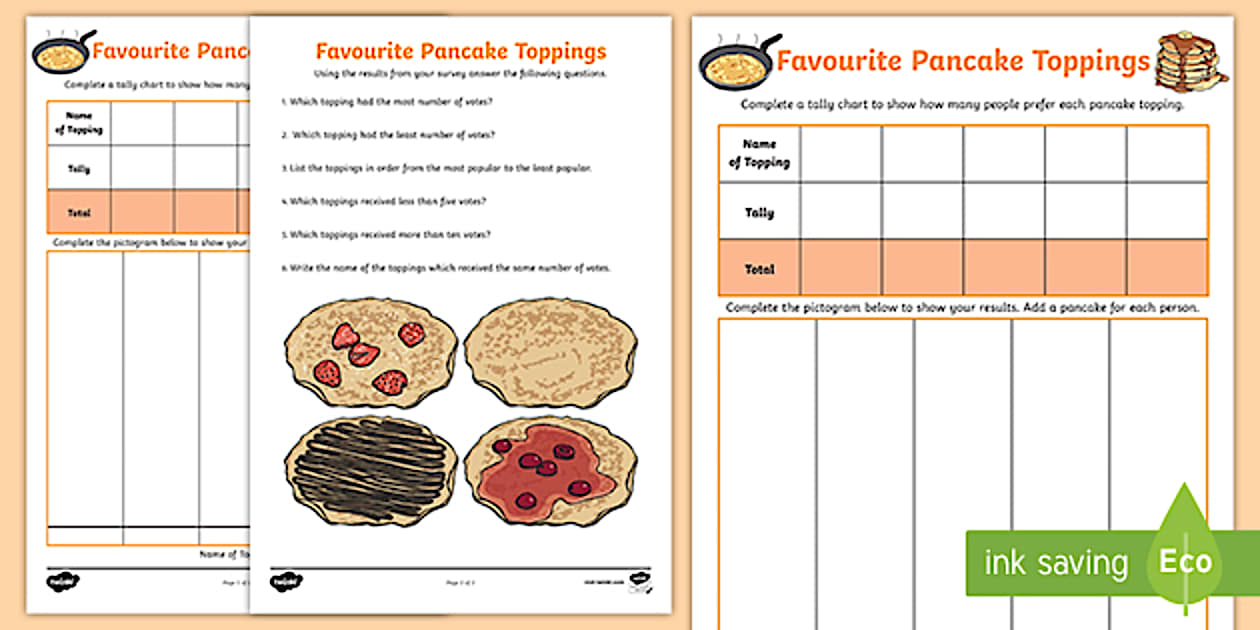 Black and White Favourite Toppings Tally Chart and Pictogram with Questions